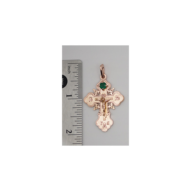 14K Rose Gold Eastern Orthodox Cross – Necklace with natural Emerald 5mm